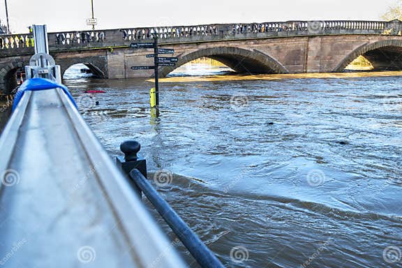 Bewdley Flood Barriers And High River Levels Submerging A Signpost Next