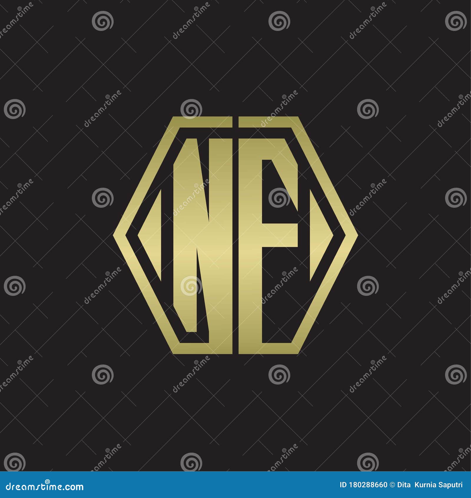 NF Logo Monogram with Hexagon Line Rounded Design Template with Gold ...
