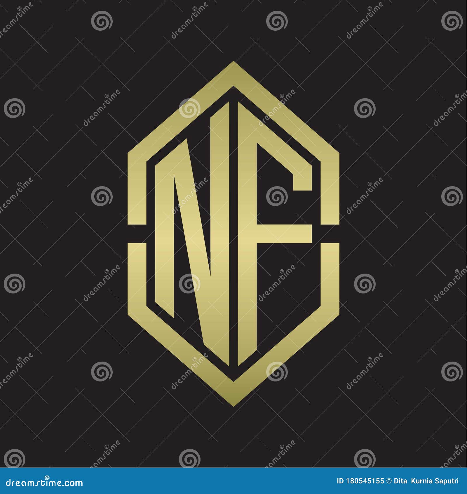 NF Logo Monogram with Hexagon Shape and Outline Slice Style with Gold ...