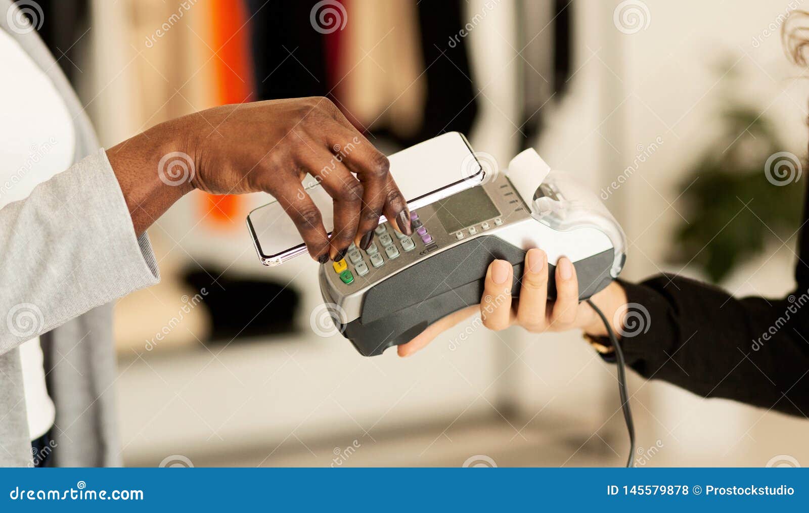 NFC Technology. Woman Making Mobile Payment with Electronic Reader ...