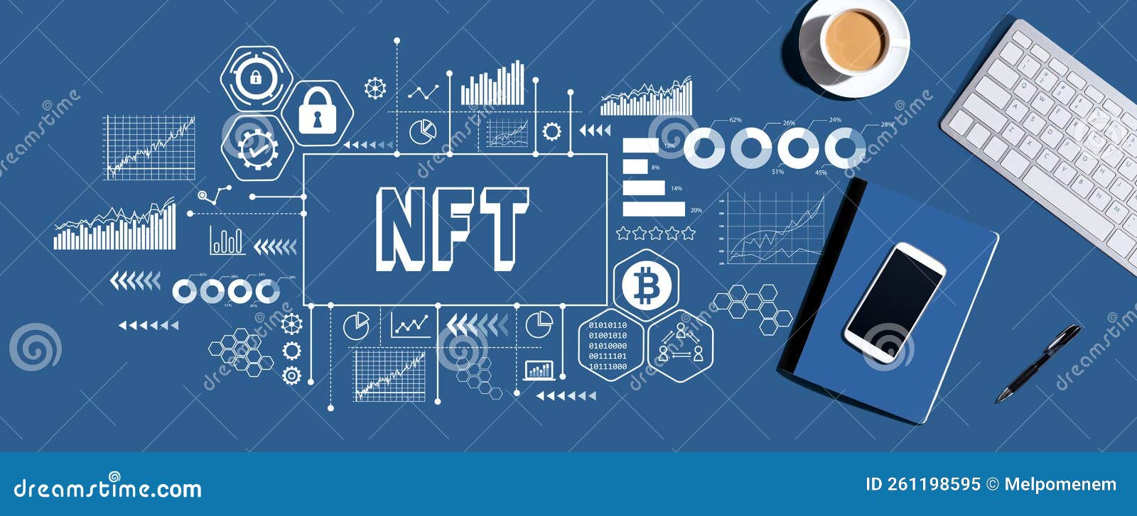 NFT Theme with Computer Keyboard and Office Items Stock Image - Image ...