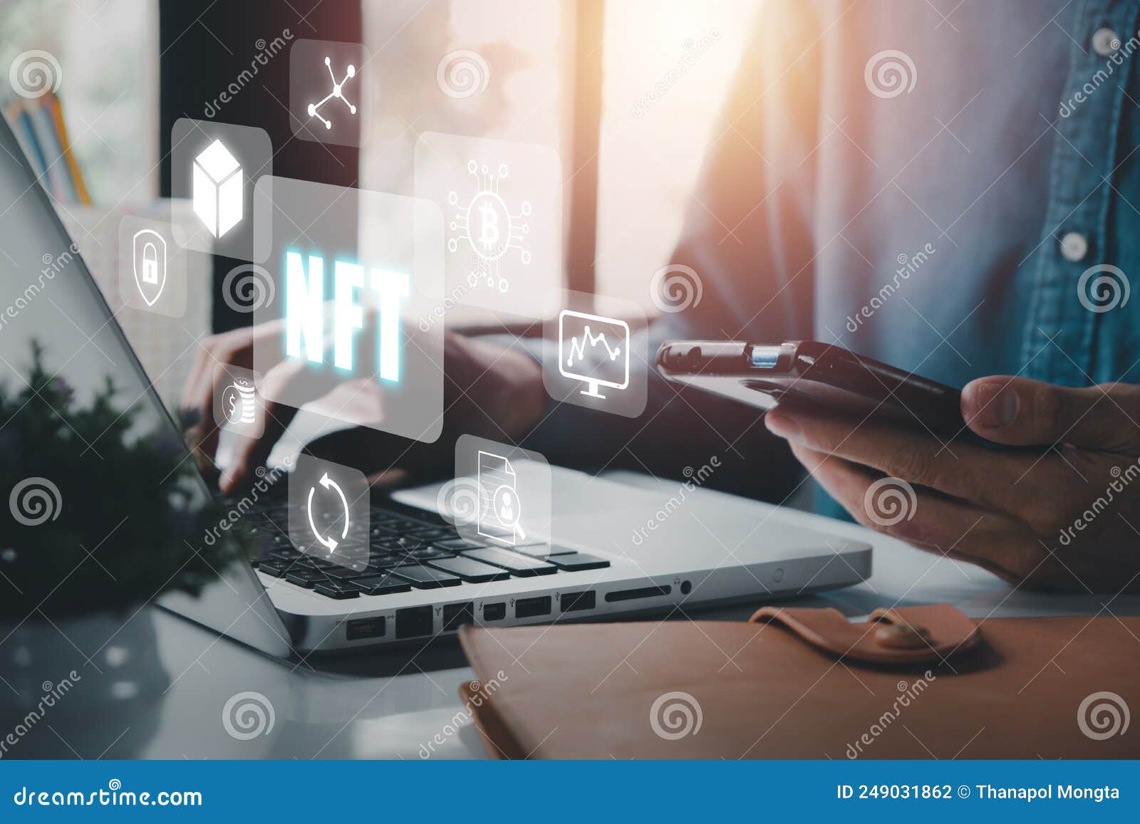 Person Hand Using Smartphone and Laptop Computer with NFT Icon on Stock ...