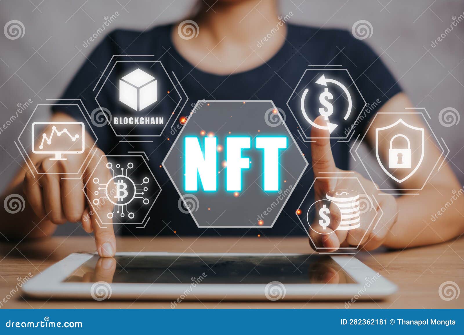 Person Hand Using Digital Tablet with NFT Icon on Virtual Screen Stock ...