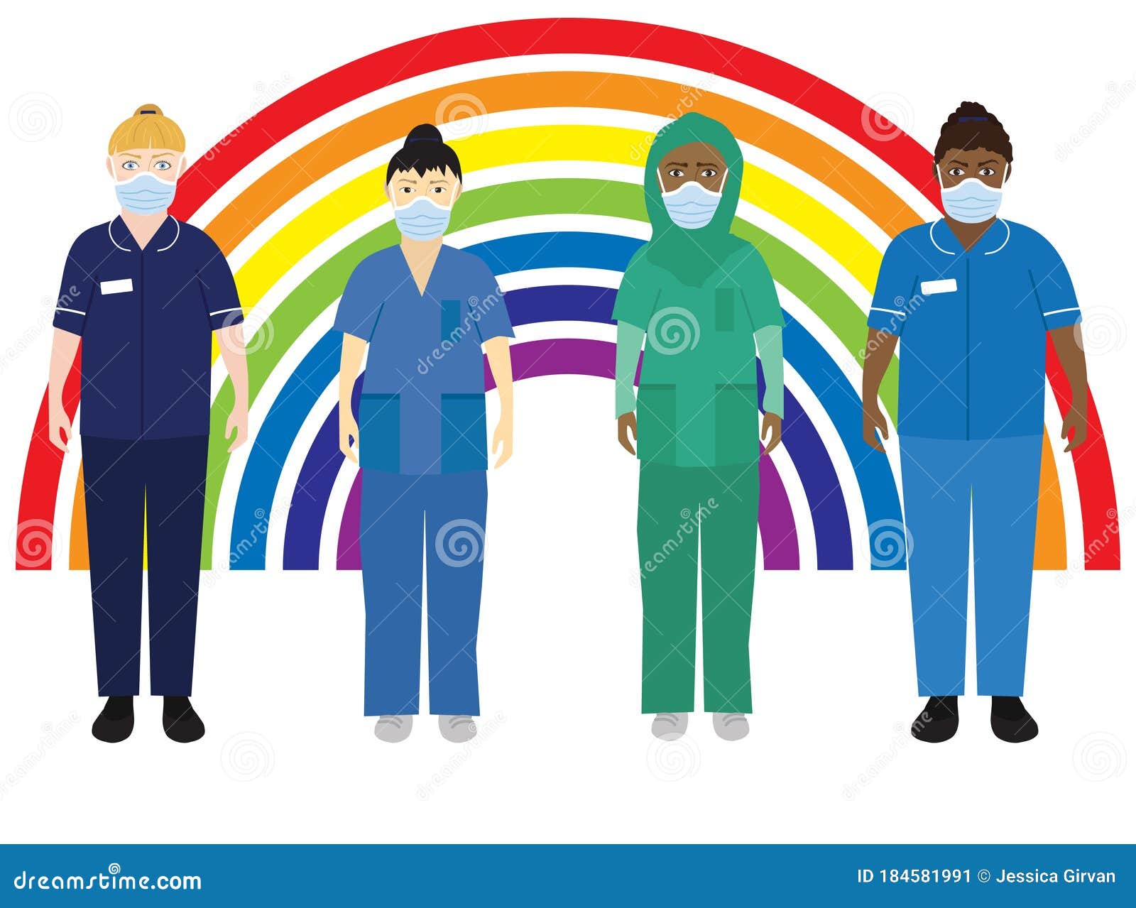 NHS Hospital Staff Wearing Face Masks, Standing in Front of a Rainbow ...