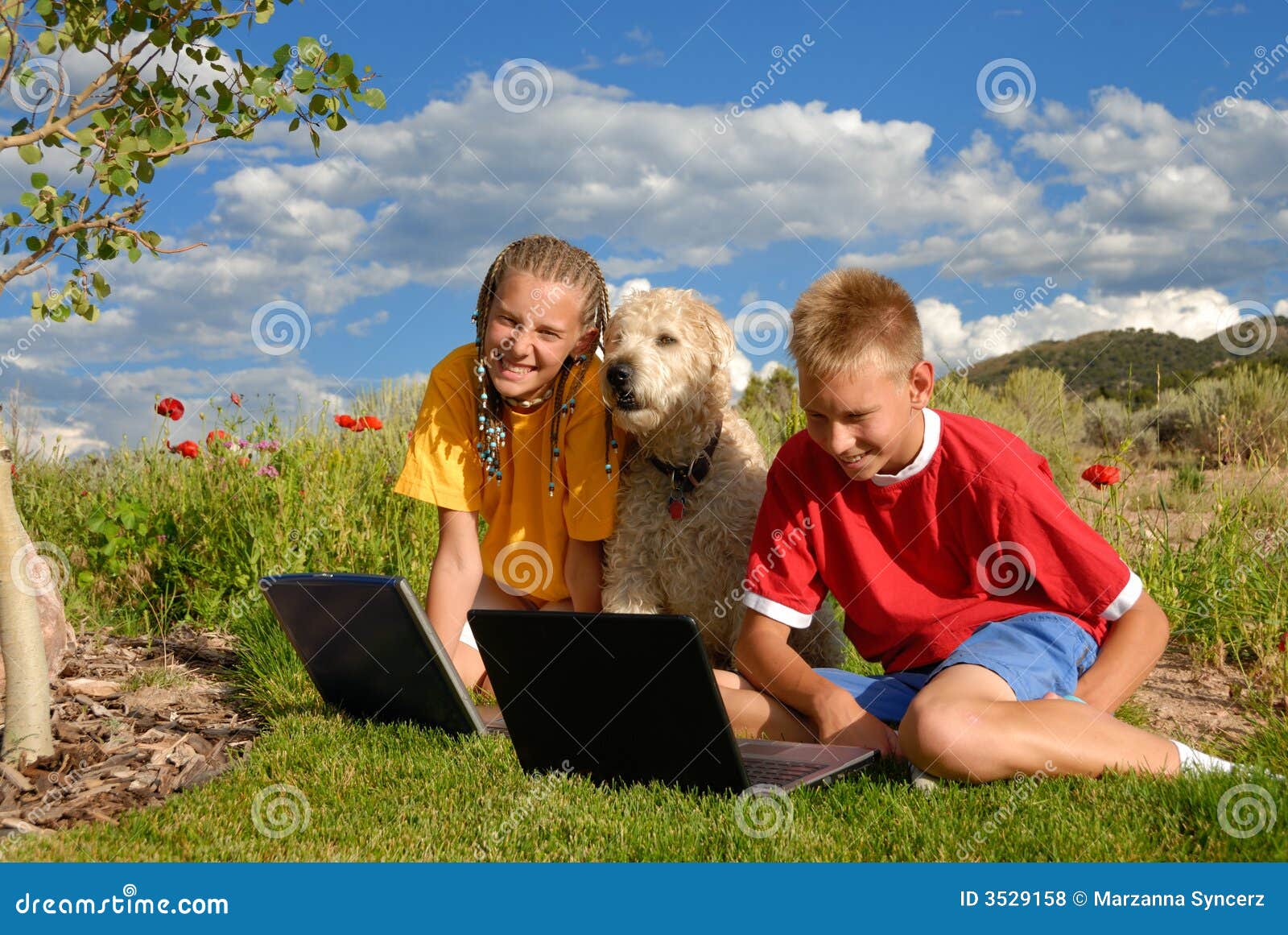 Niños Con El Perro Y La Computadora Portátil Foto de archivo - Imagen ...
