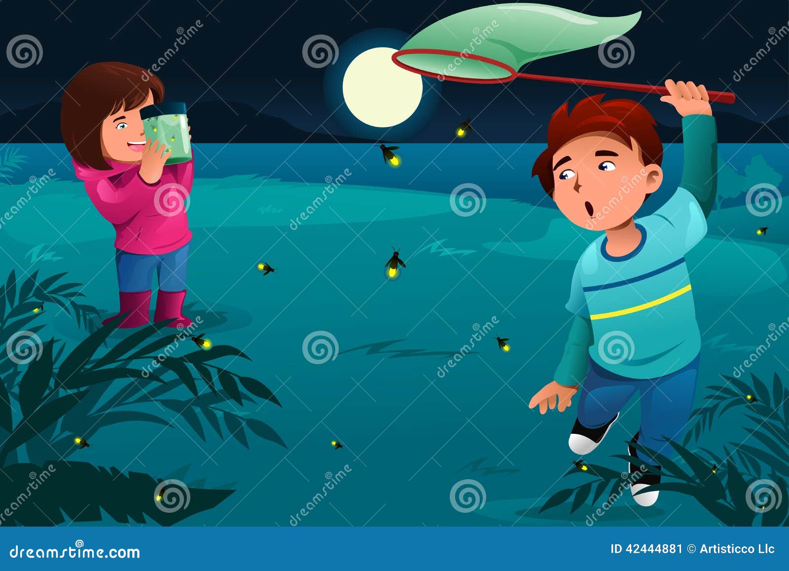 Niños Que Cogen Luciérnagas Ilustración del Vector - Ilustración de ...