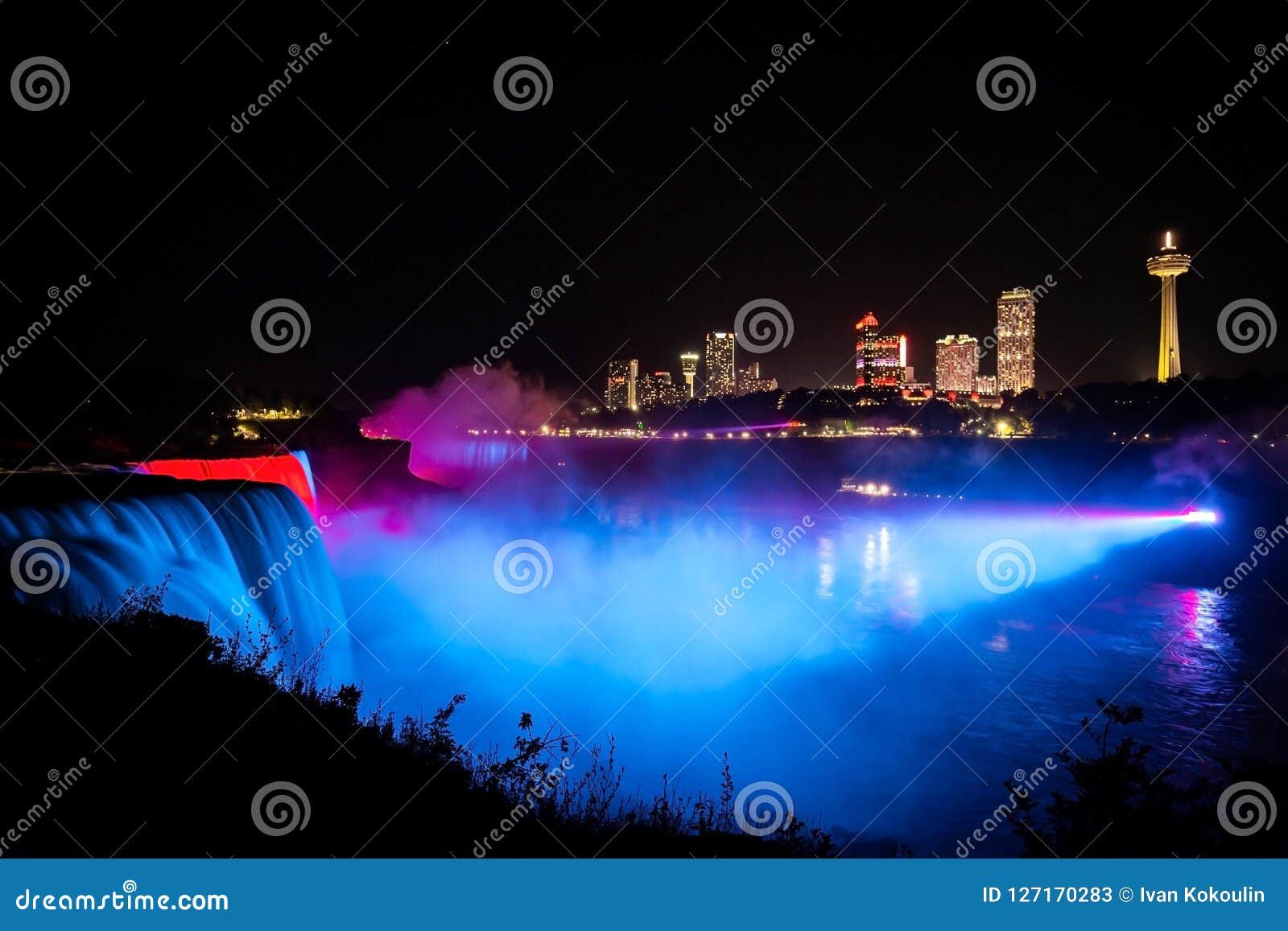 NIagara Falls Illuminated with Color Lights at Night Stock Image ...