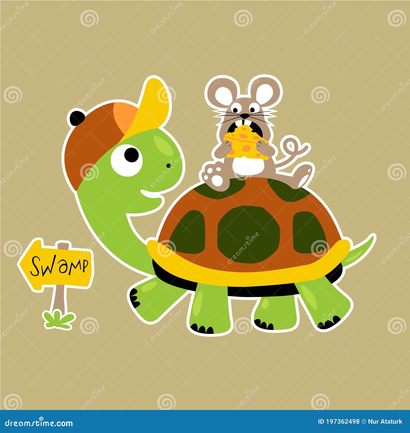 Funny Cartoon of Little Mouse Ride on Turtle while Eating Stock Vector ...