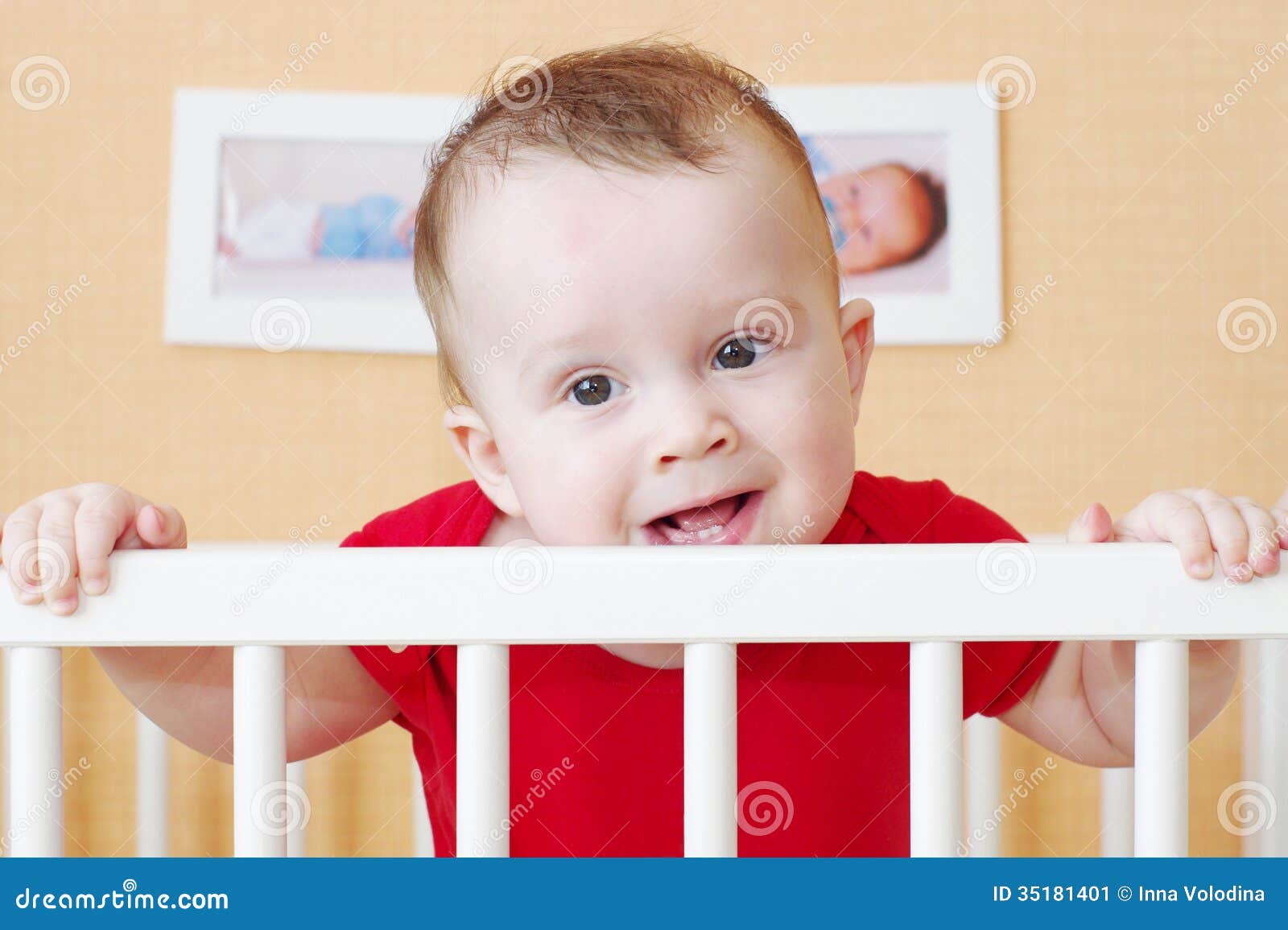 Nice baby in white bed stock image. Image of month, luck - 35181401