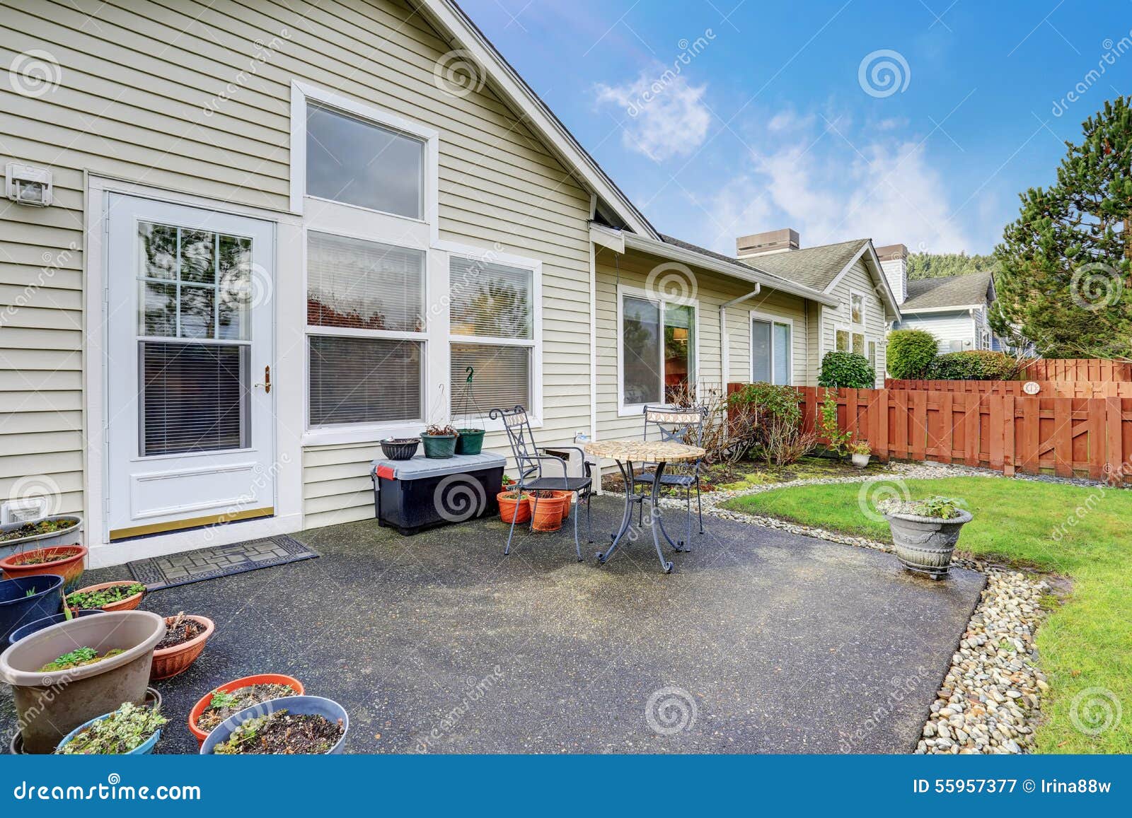 Nice Backyard with Patio and Chairs. Stock Image - Image of grass, cozy ...