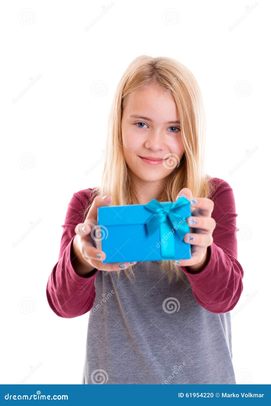 Nice Blond Girl with Blue Gift Box Stock Photo - Image of cheerful ...