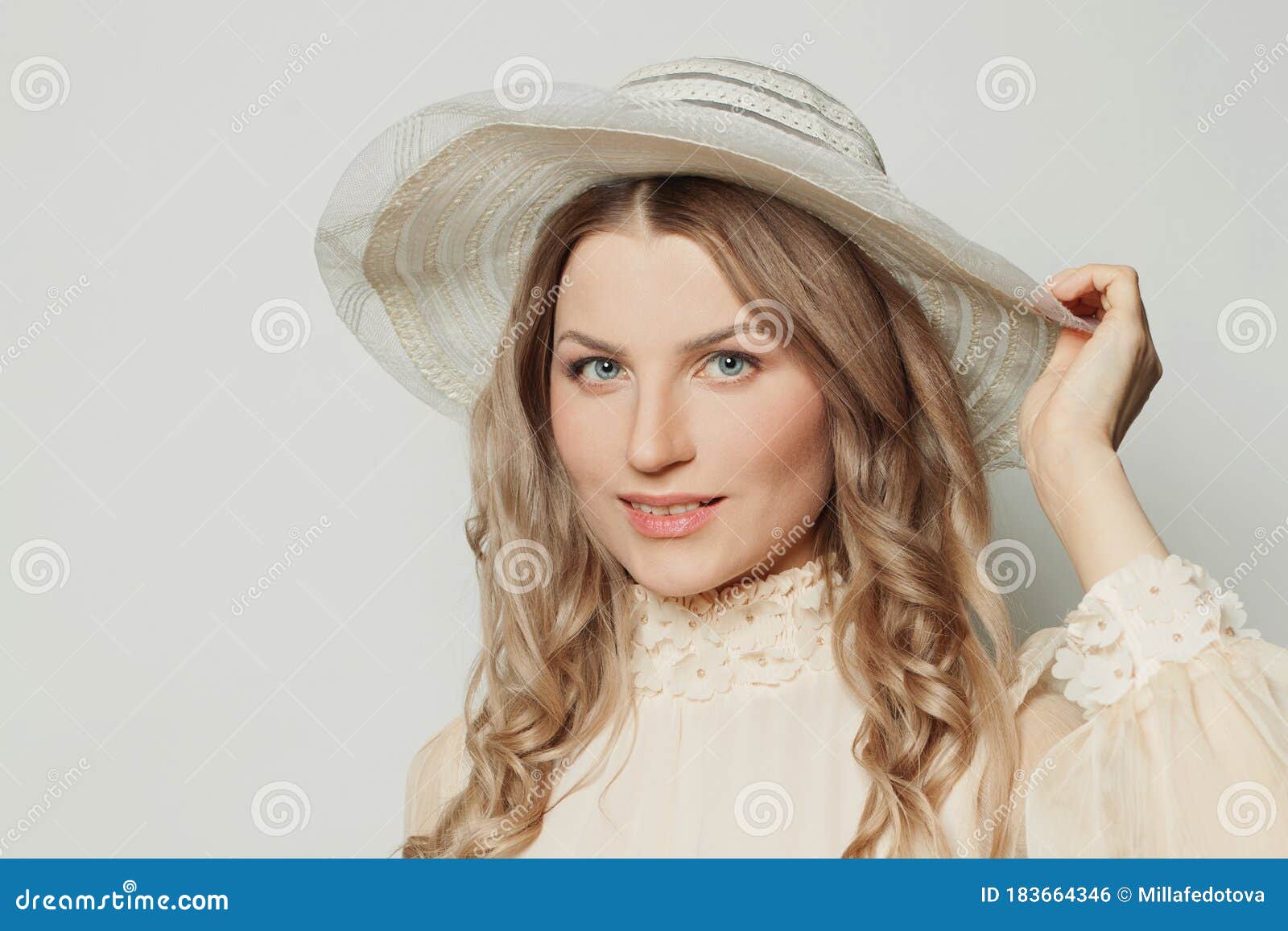 Nice Blonde Woman in White Hat Portrait Stock Photo - Image of close ...