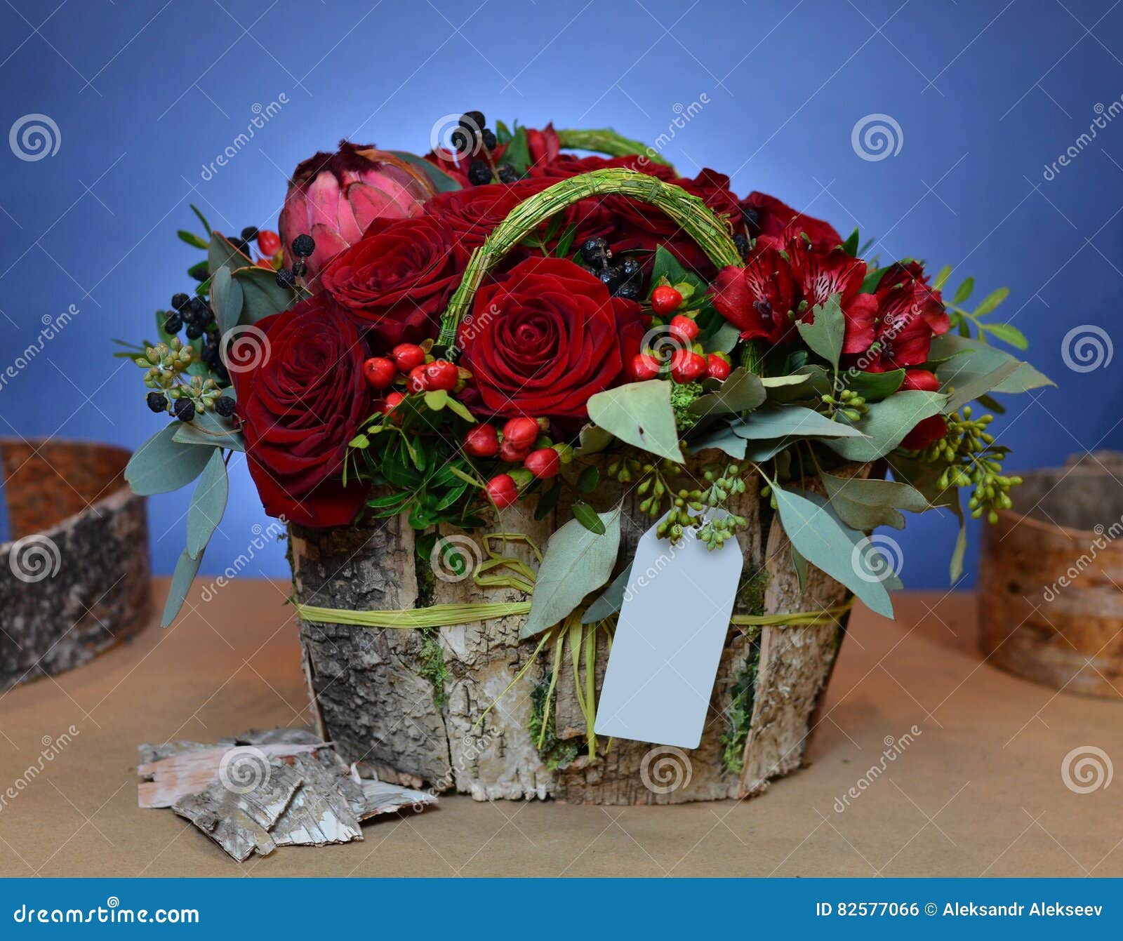 Nice Bouquet of Red Roses in a Box of Birch Bark Stock Photo - Image of ...