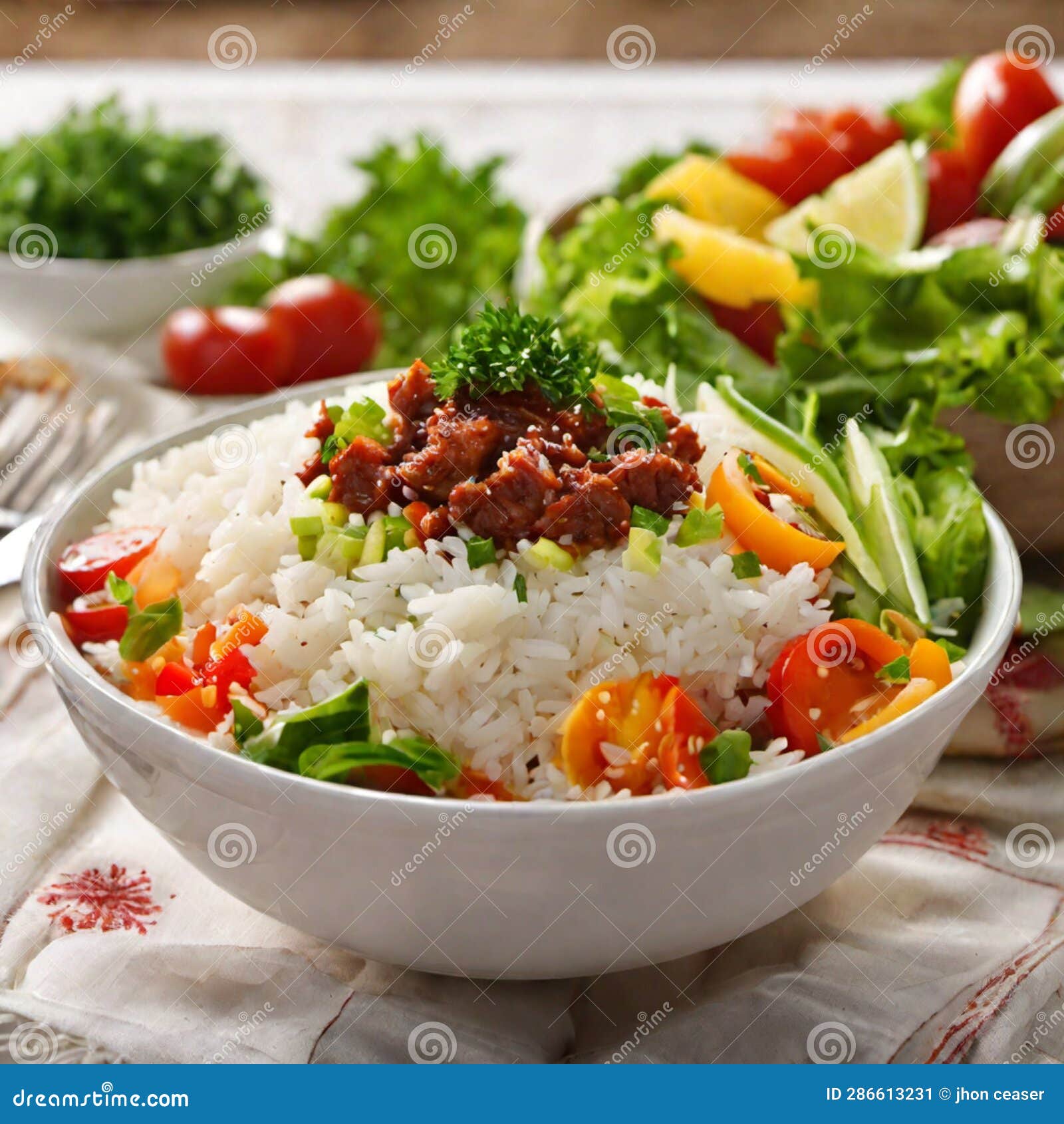 A Nice Bowl of Rice with Salad Stock Illustration - Illustration of ...