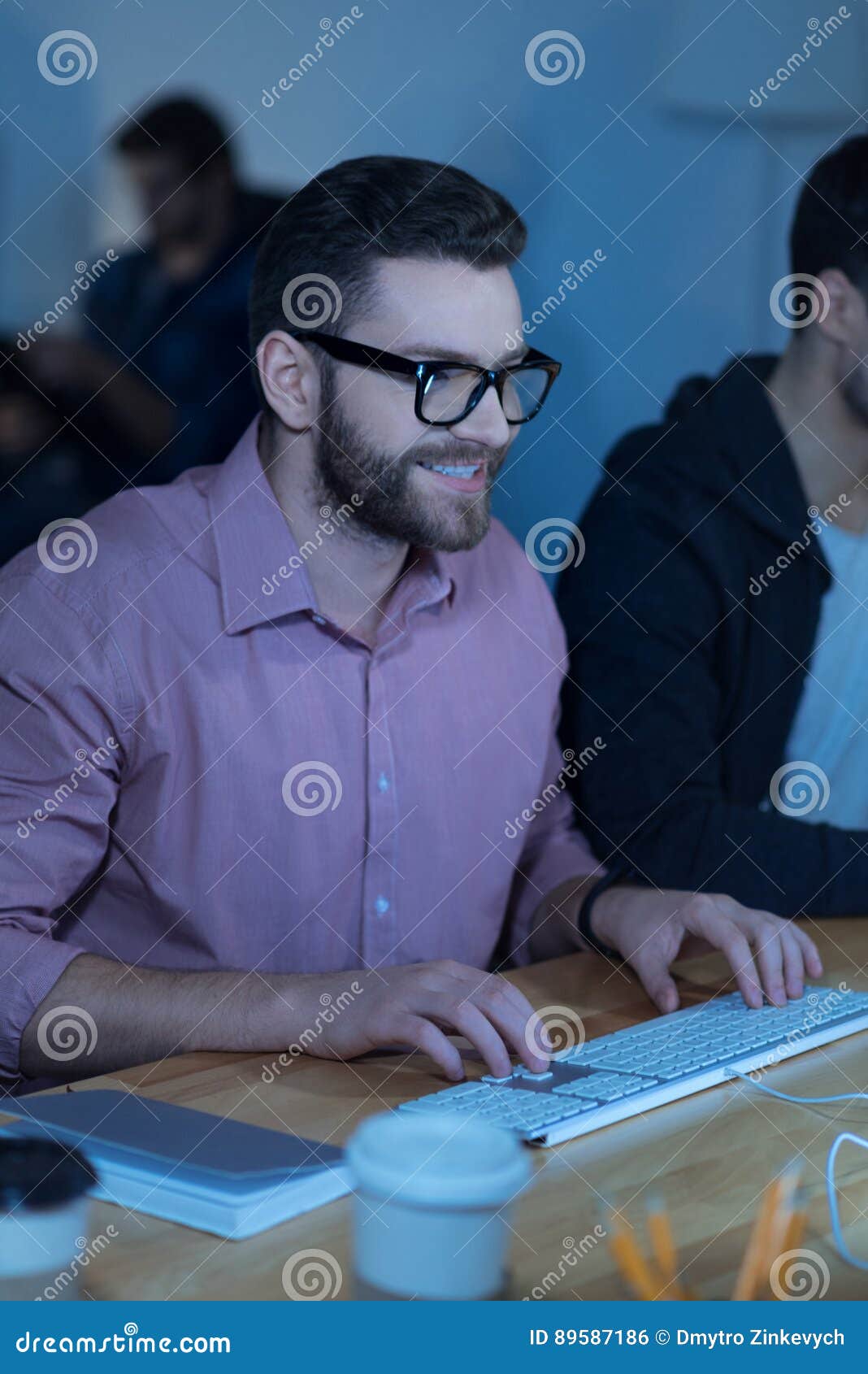 Nice Delighted Man Typing on the Keyboard Stock Photo - Image of ...