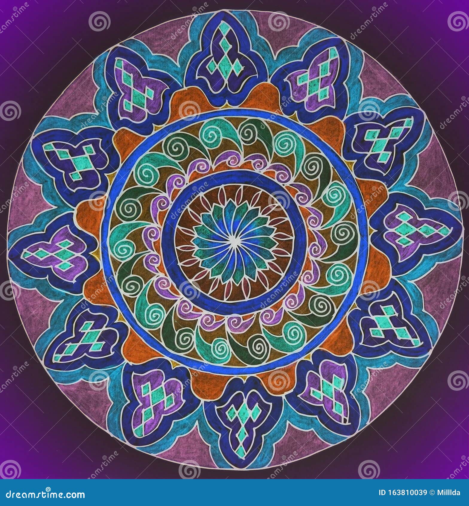 Beautiful Painted Mandala on Violet Background Stock Image - Image of ...