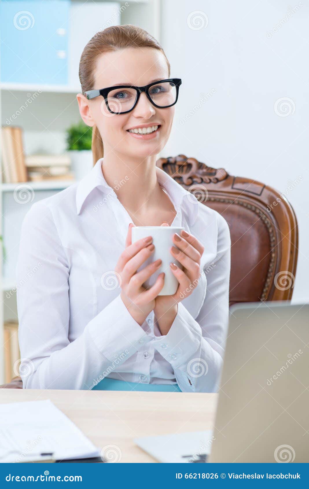 Nice Female Office Worker Drinking Tea Stock Photo - Image of glasses ...