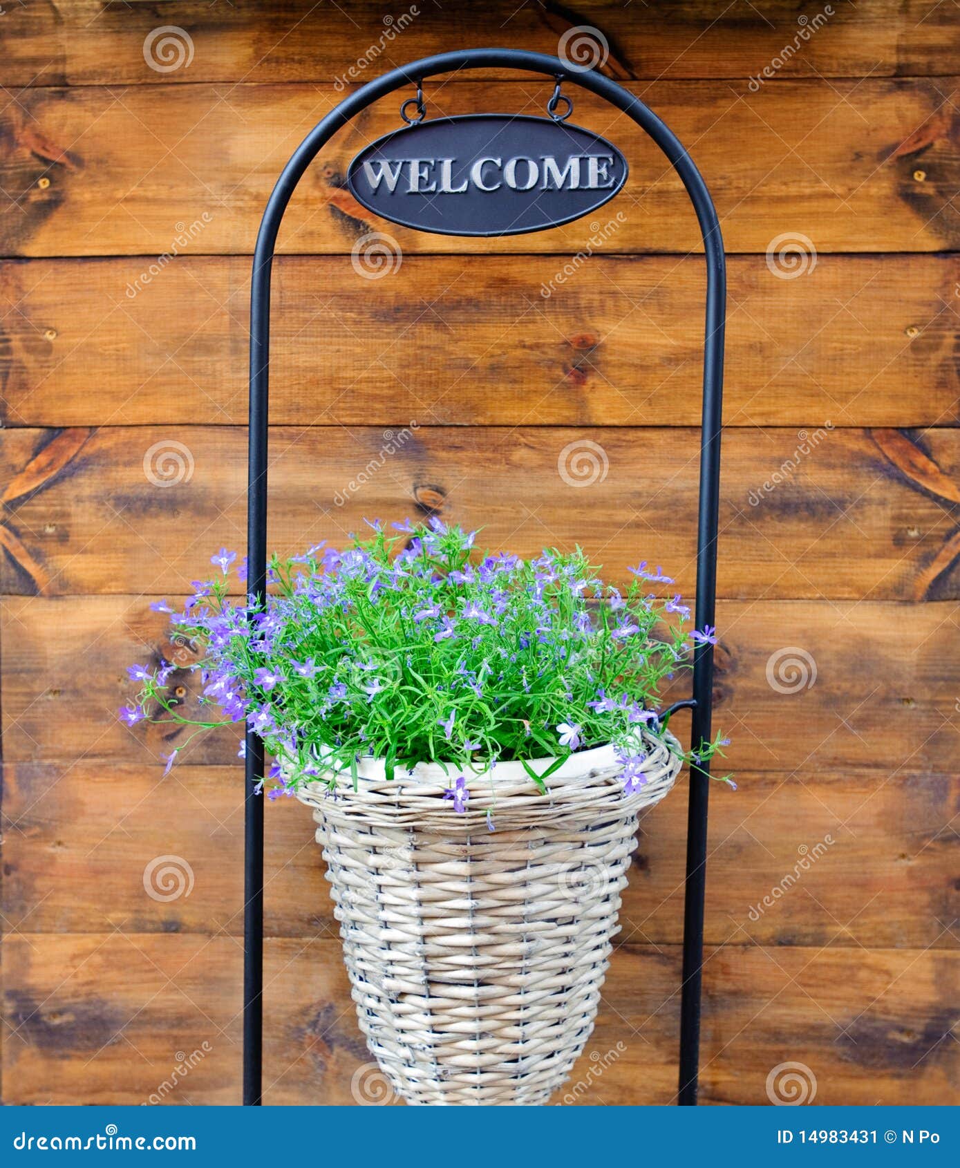 Nice Flower Basket with Welcome Sign Stock Image - Image of brown ...