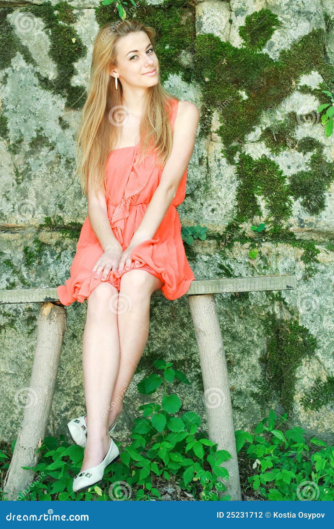 Nice Girl Sit on the Wooden Bench Stock Photo - Image of long, glade ...