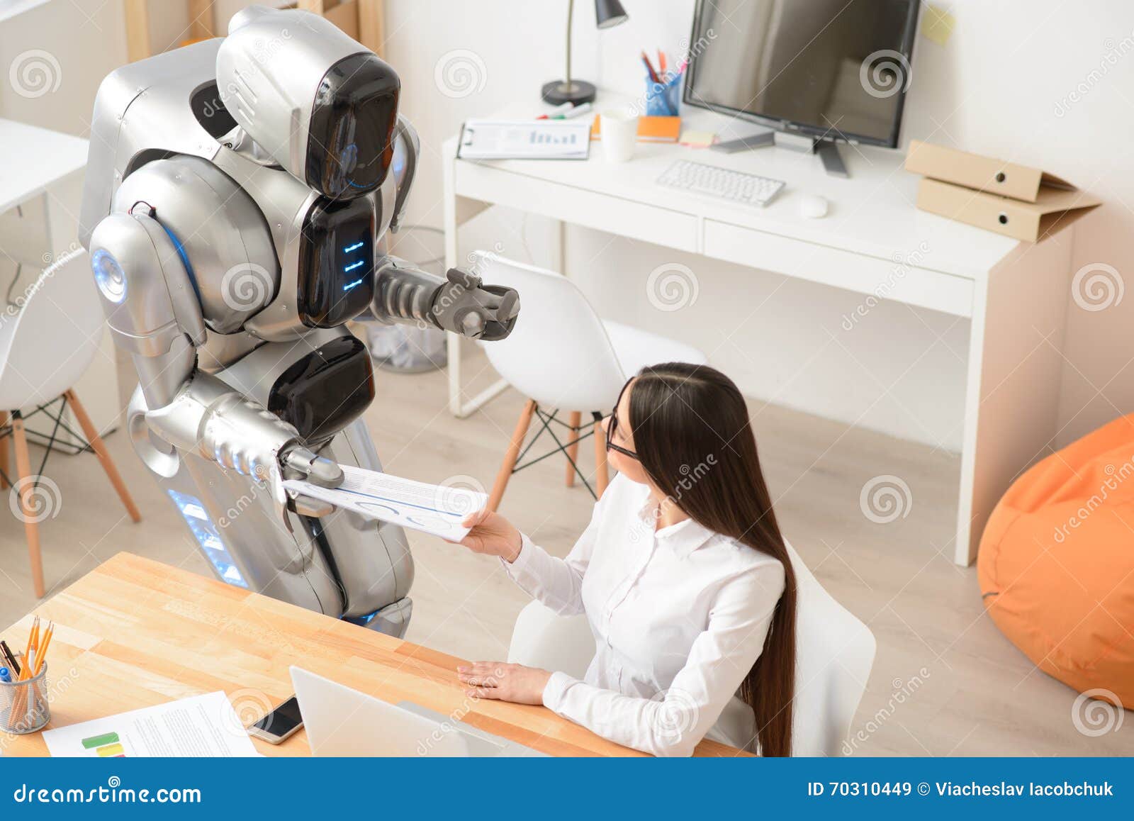 Nice Girl Working in the Office with Robot Stock Image - Image of chair ...