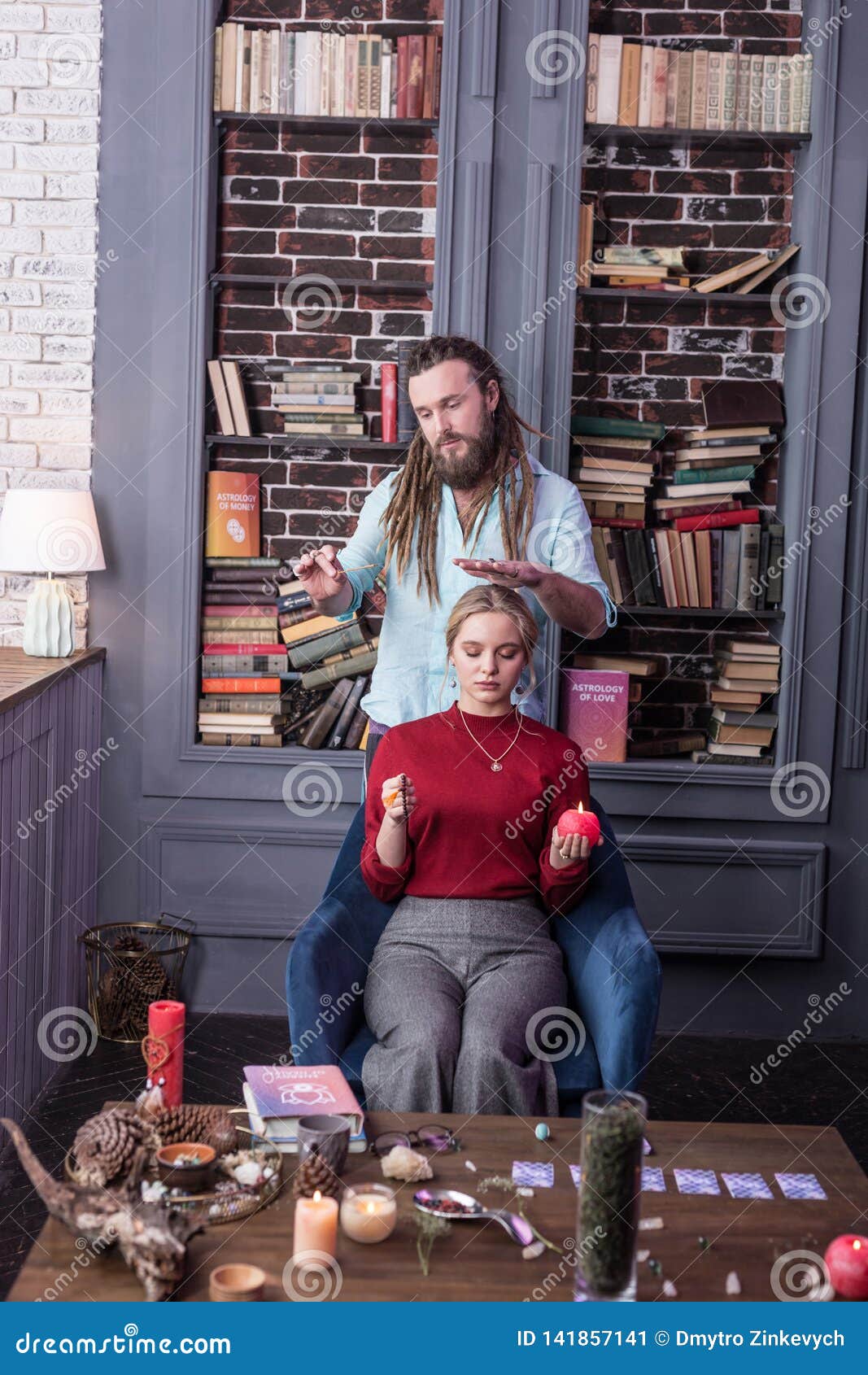 Nice Good Looking Man Standing Behind His Client Stock Image - Image of ...