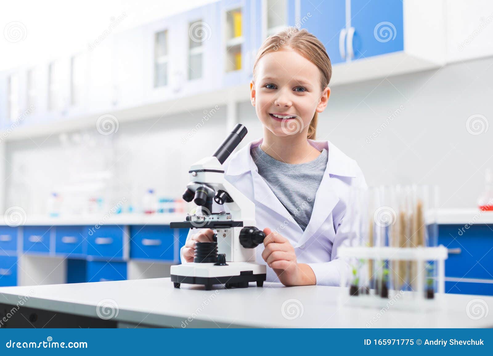 Nice Happy Girl Using Microscope Stock Image - Image of knowledge ...
