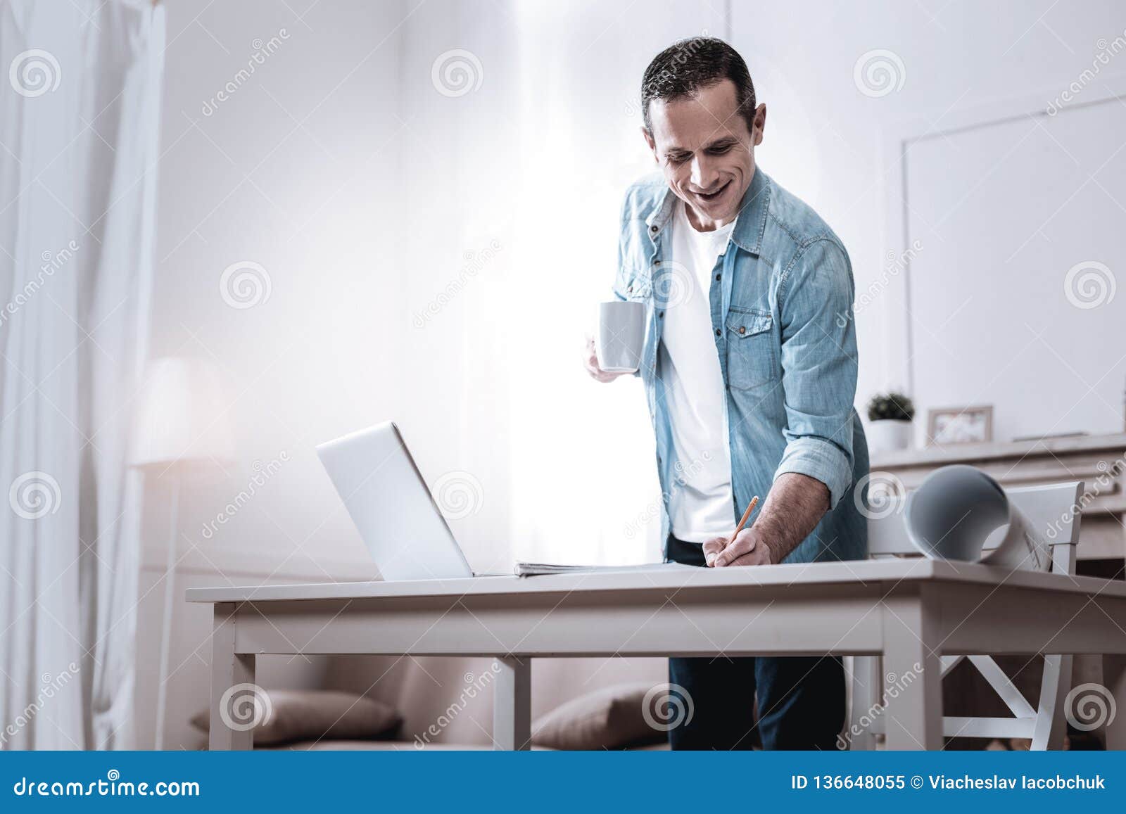Nice Happy Man Working from Home Stock Image - Image of indoors, laptop ...