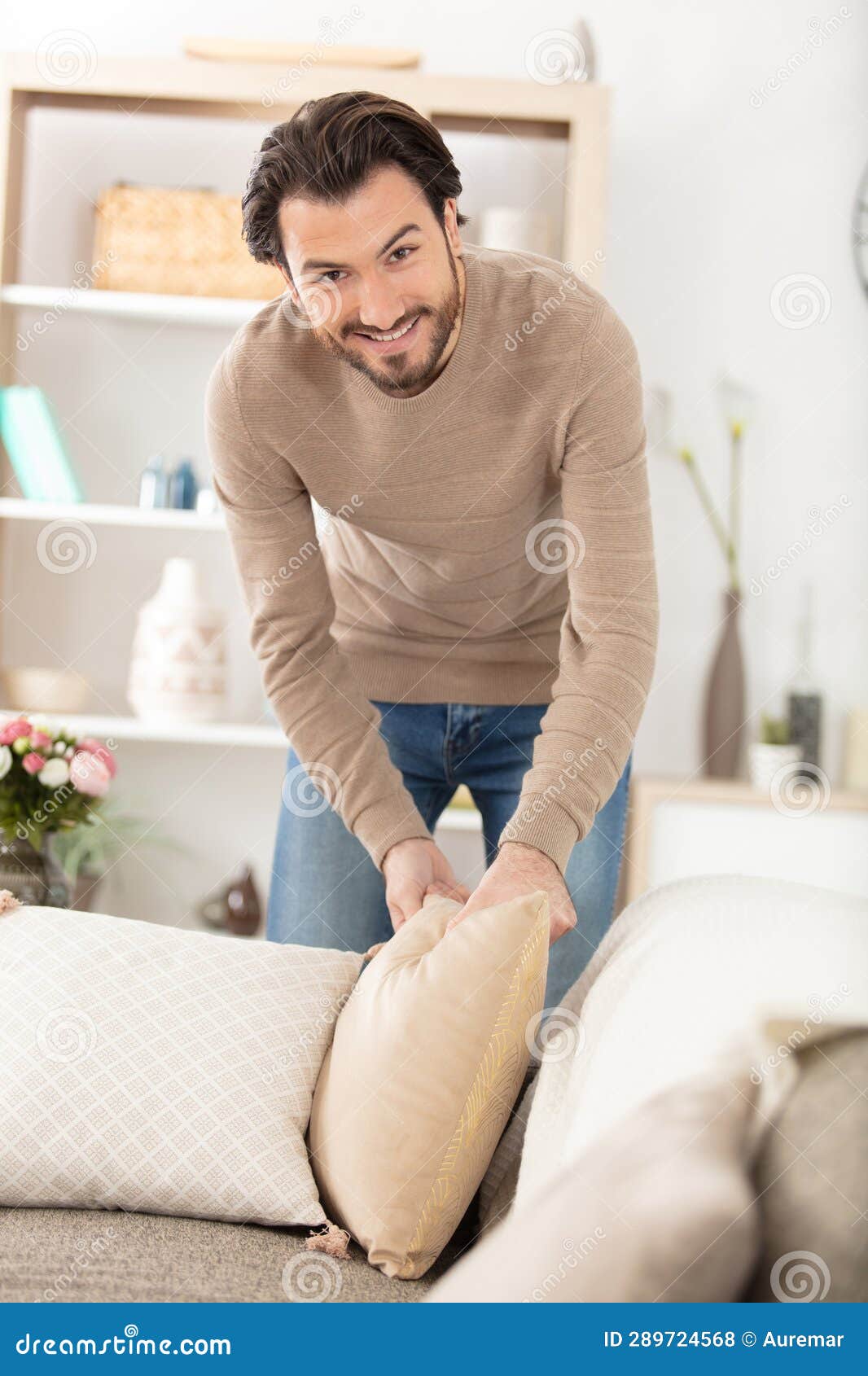 Man Standing in Living Room Cleaning House Stock Photo - Image of room ...