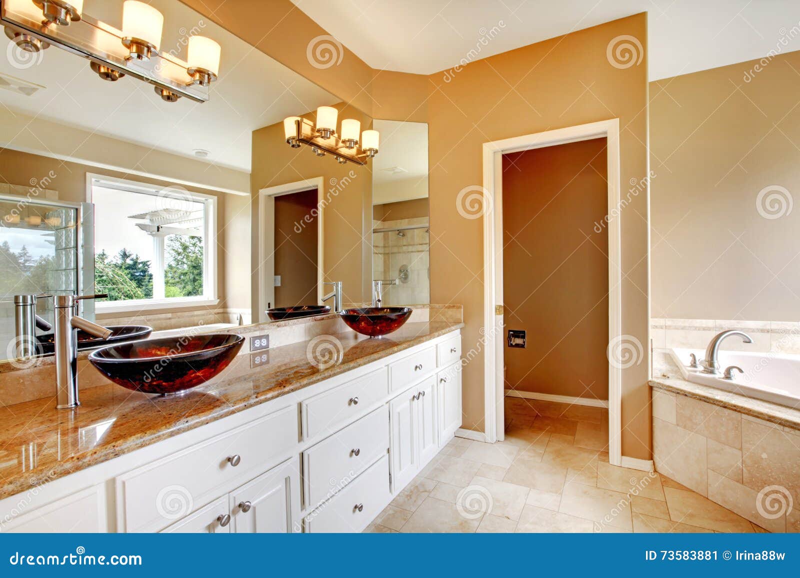 Nice Master Bathroom with Marble Counters in Luxury Home. Stock Image - Image of simple, idea ...