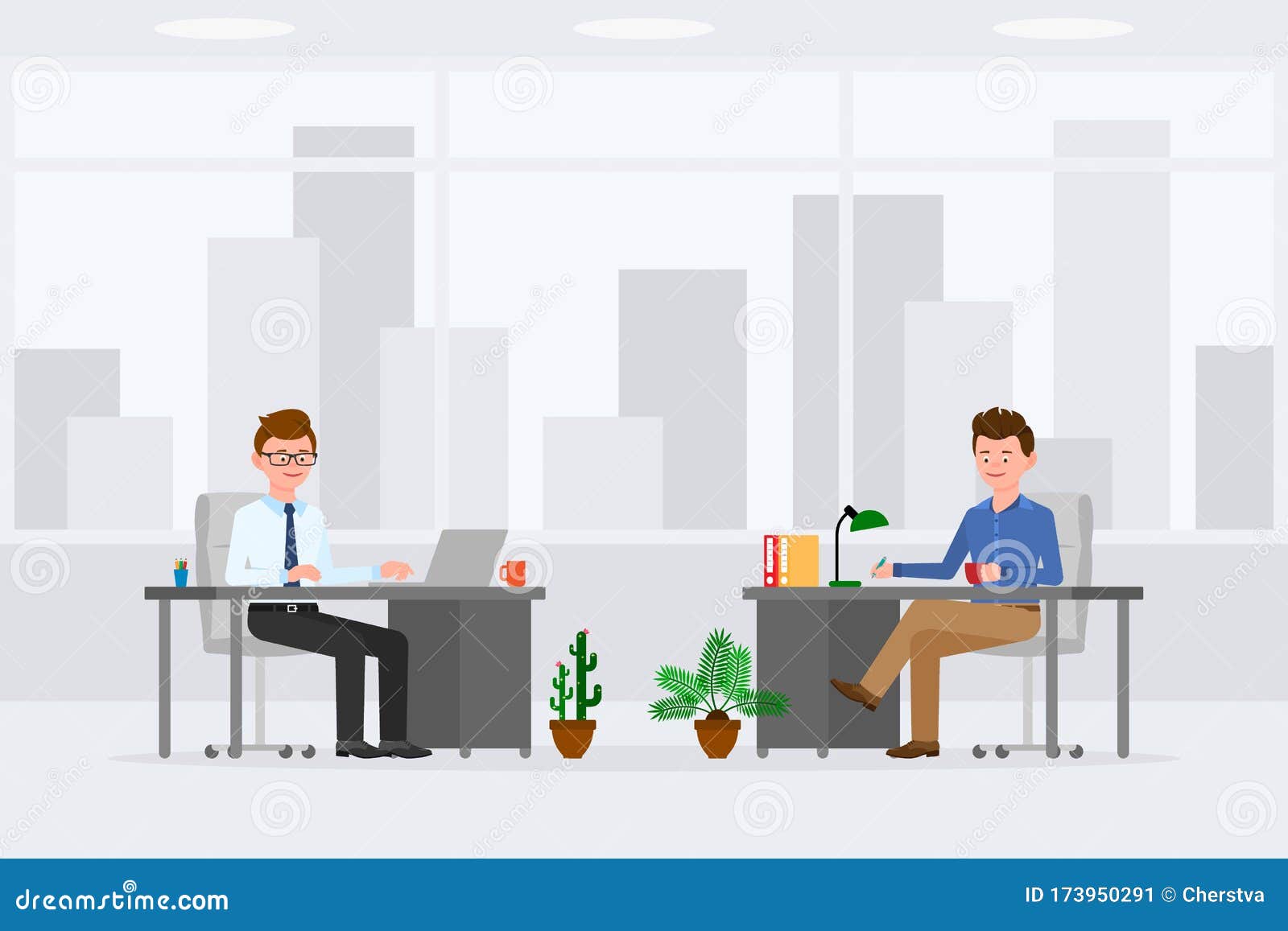 Nice Office Worker Men Colleagues Vector. Side View Writing Notes ...