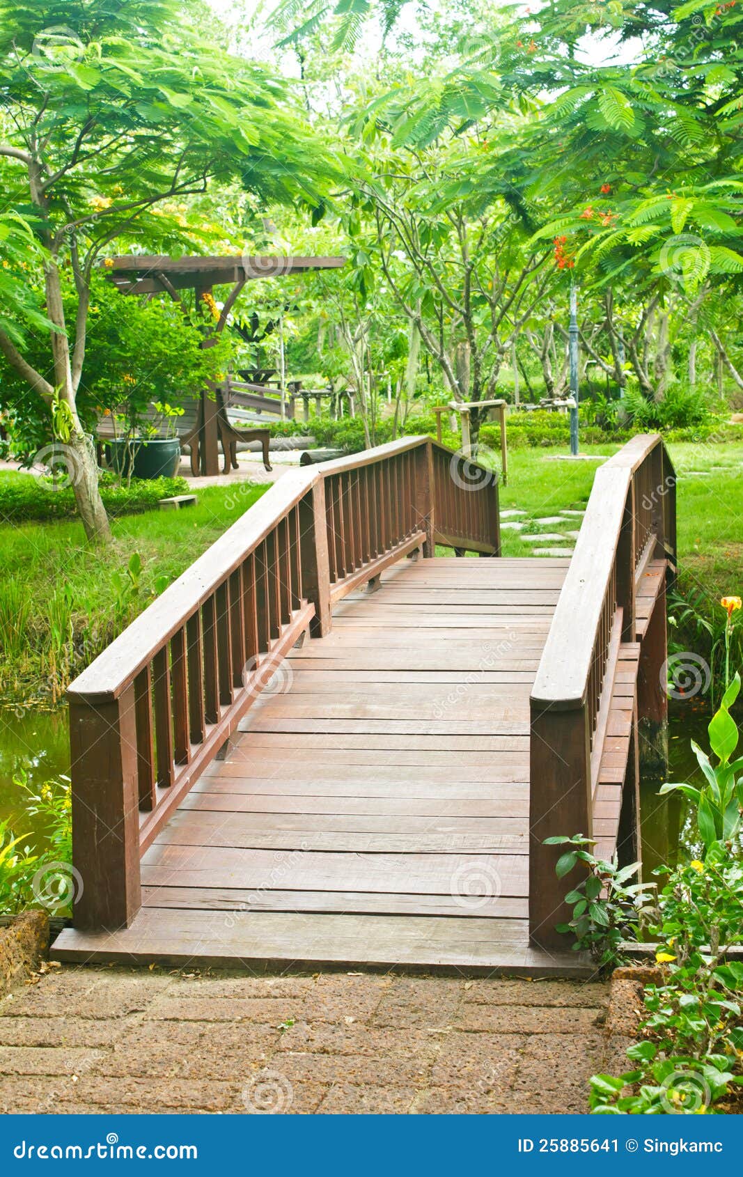 Nice Old Wooden Bridge in Park at Summertime. Stock Image - Image of ...