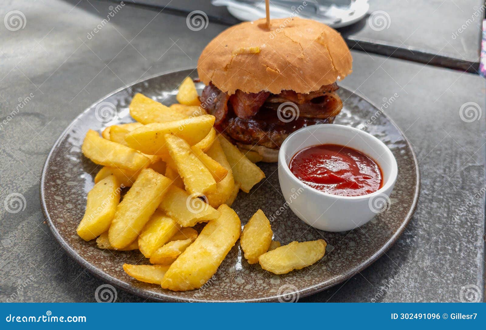 Nice plate of burger stock photo. Image of french, bacon - 302491096