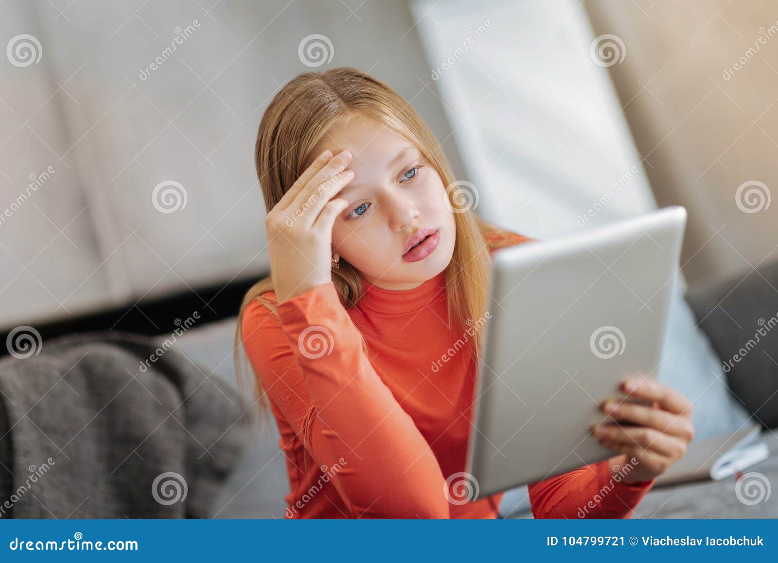 Nice Pleasant Girl Holding Her Forehead Stock Image - Image of comfort ...