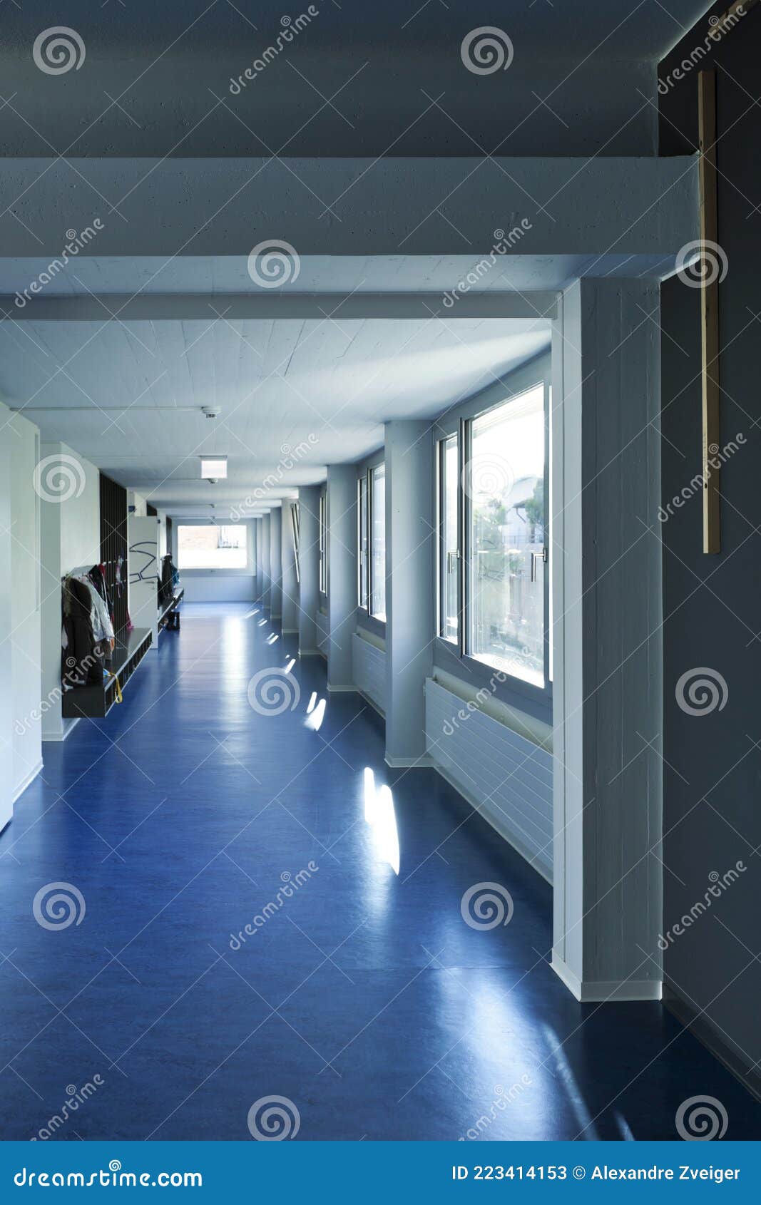 Hallway of Modern School with White Ceiling and Beam. Blue Floor Stock ...