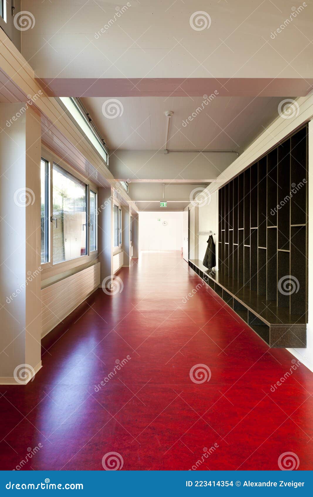 Interior of a School with Long Corridors with Red Floors. Stock Photo ...