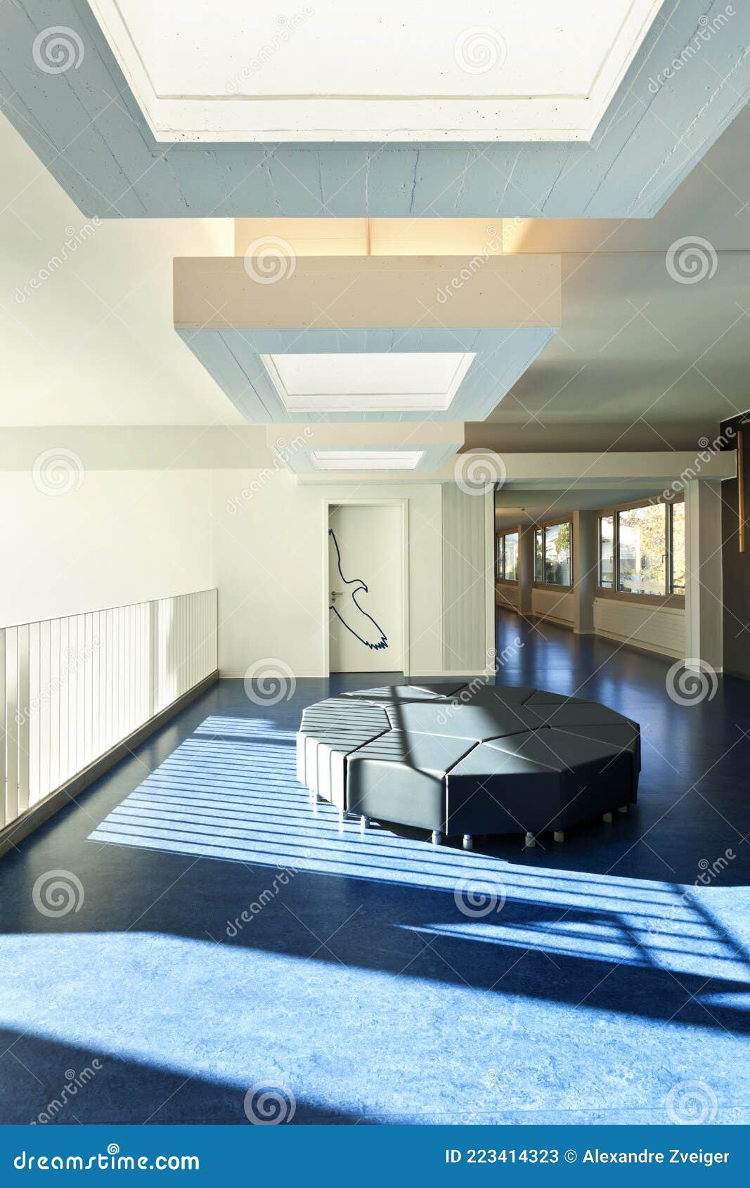 Hallway of Modern School with White Ceiling and Beam. Blue Floor Stock ...