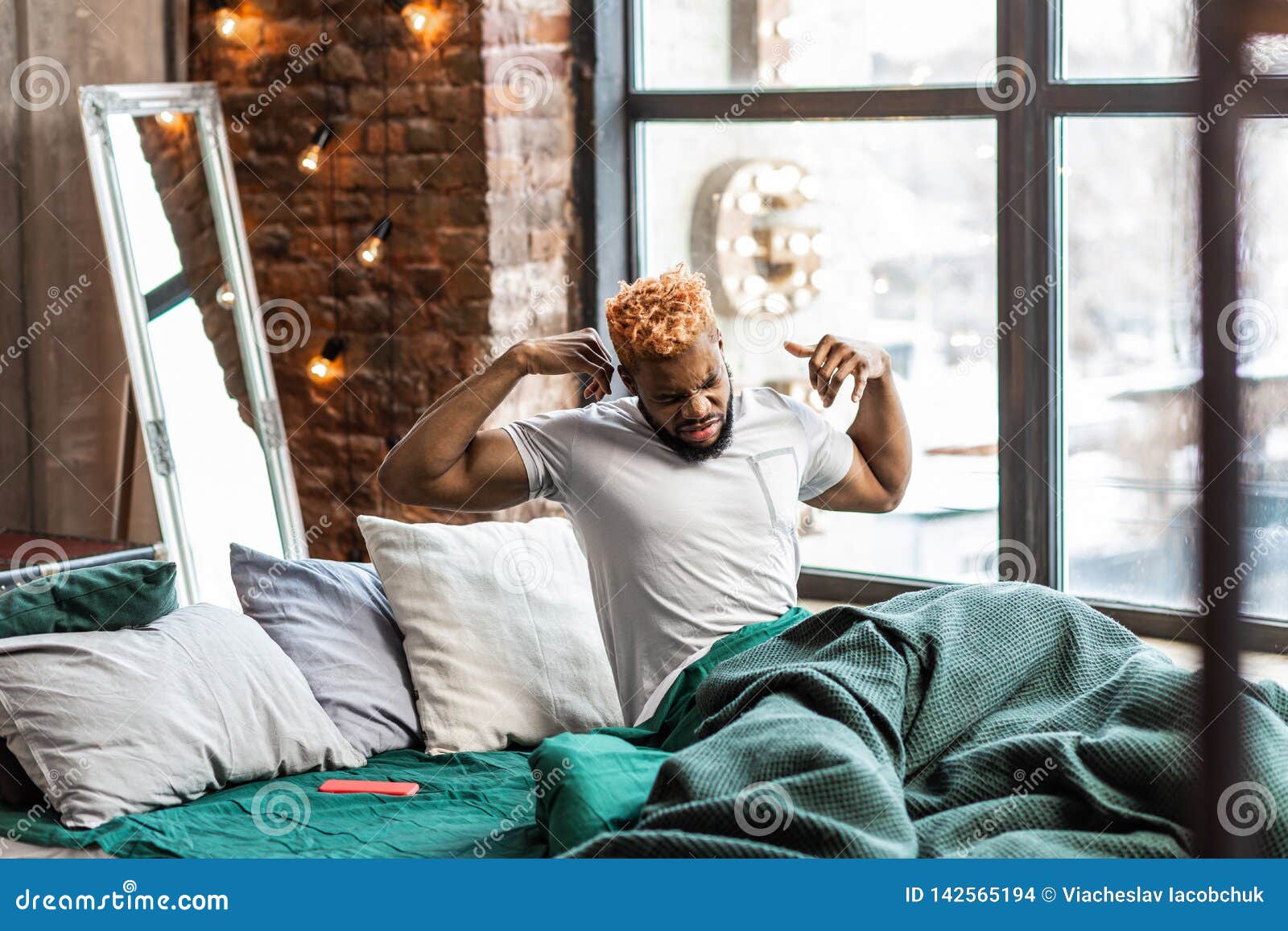 Nice Sleepy Man Getting Up in the Morning Stock Photo - Image of ...