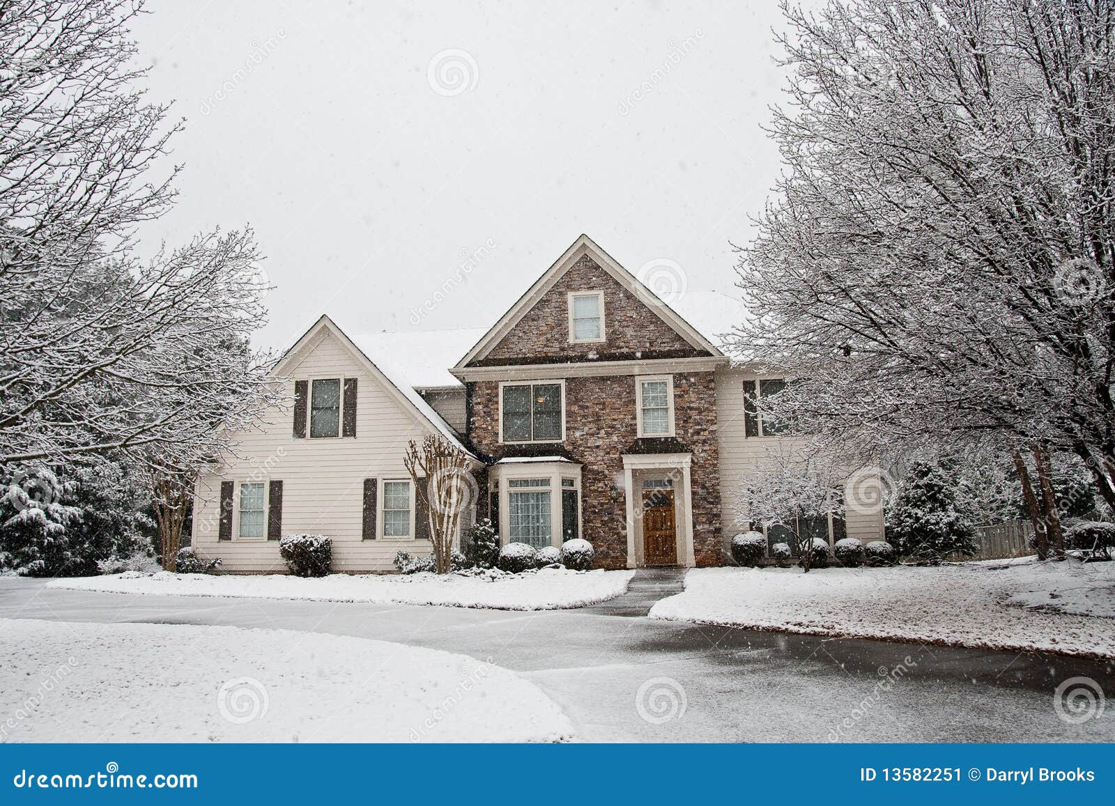 Nice Stone Faced House in Snow Stock Image - Image of snowy, trees ...