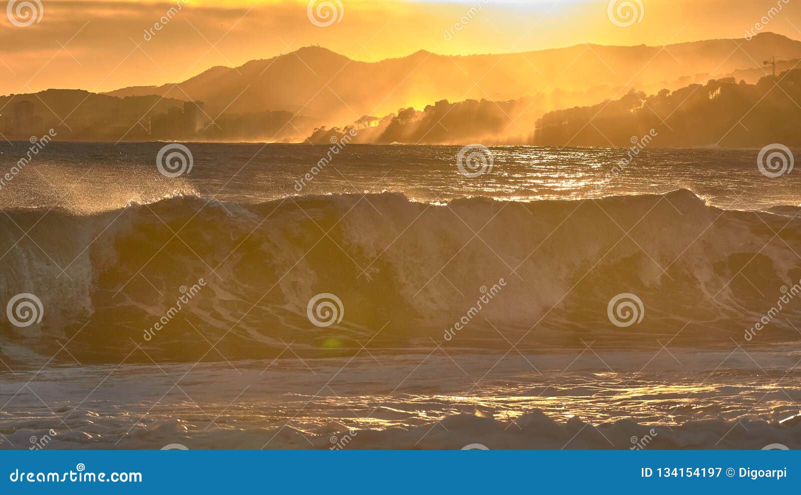 Nice Sunlight in a Windy Sunset Over the Waves in Costa Brava of Spain ...