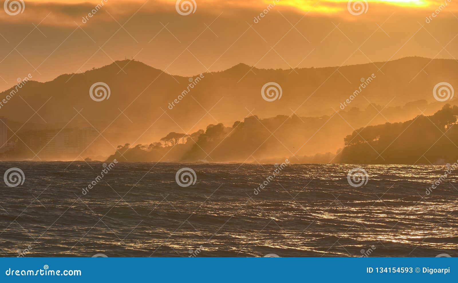 Nice Sunlight in a Windy Sunset Over the Waves in Costa Brava of Spain ...