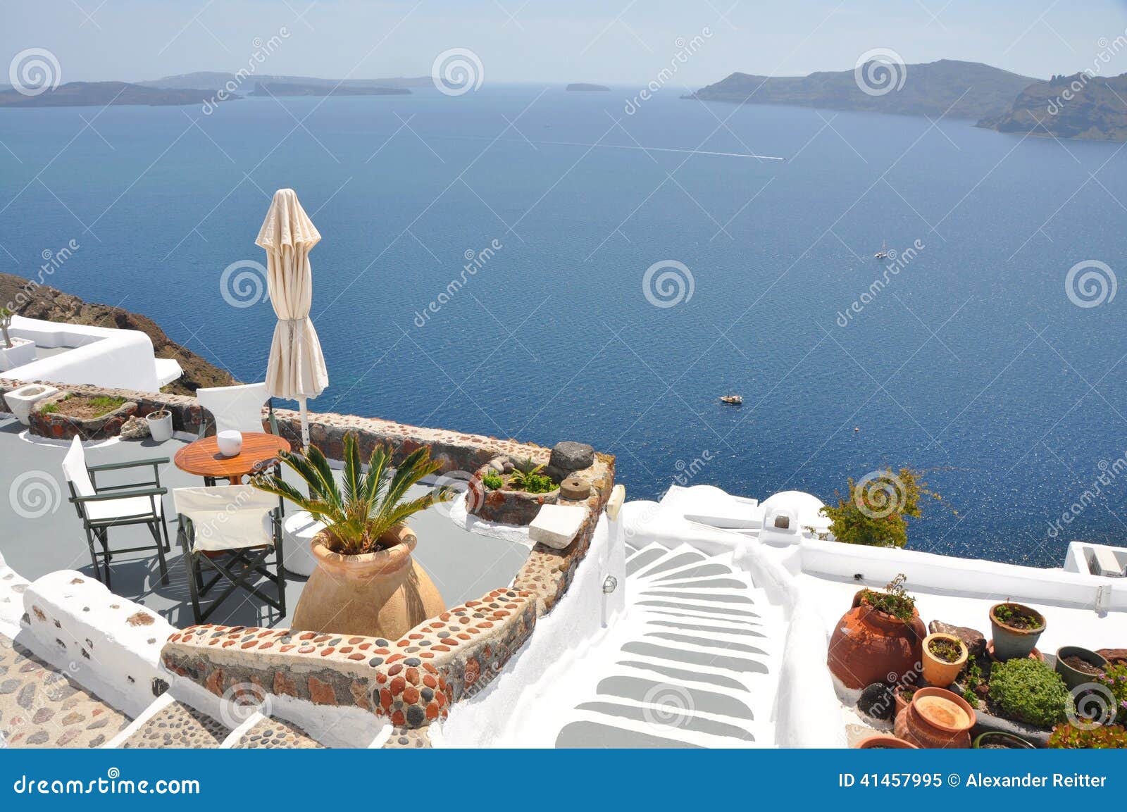 Nice Terrace on Greek Island Santorini Stock Image - Image of volcanic ...