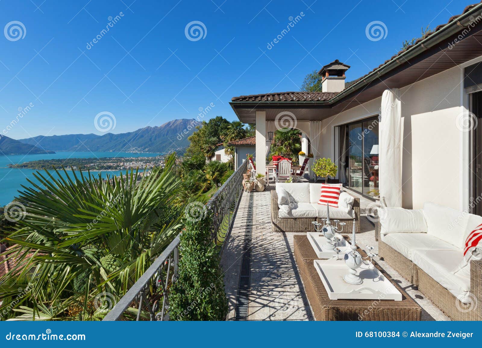 Nice terrace of a villa stock photo. Image of decor, lake - 68100384