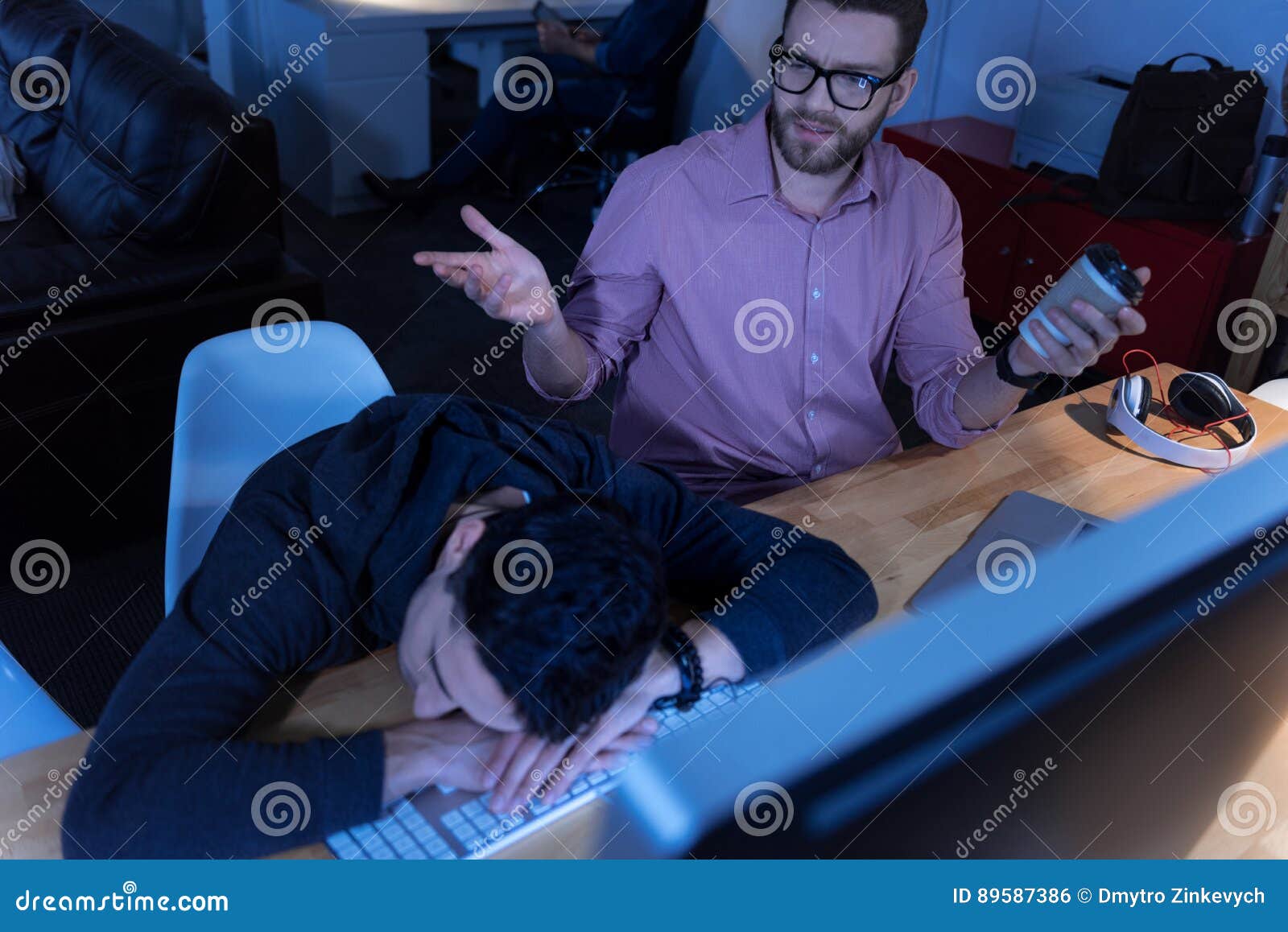 Tired Programmer Sleeping At Workplace At Night In Office. Royalty-Free ... Tired Programmer Sleeping At Workplace At Night In Office. Royalty-Free ...