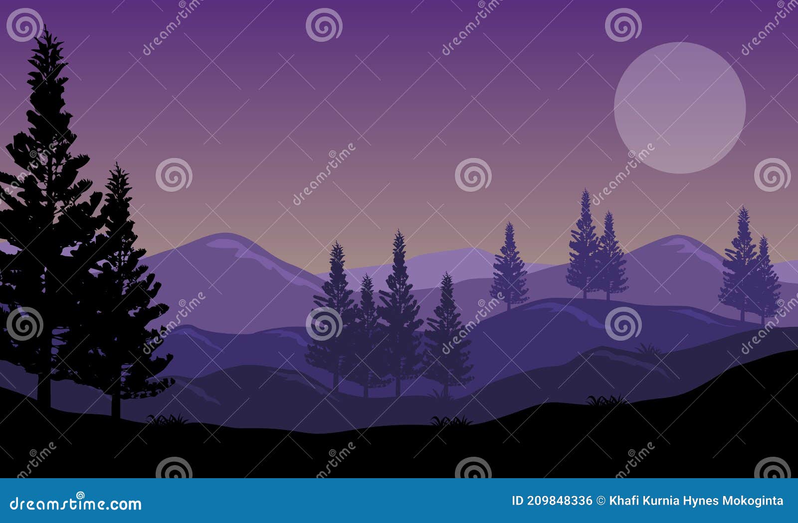 Nice Views Trees and Mountains at a Full Moon. Vector Illustration ...