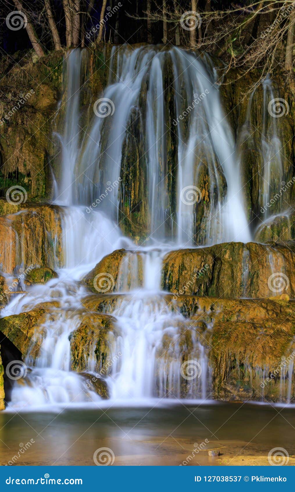 Waterfall on Mountain River in Night Forest Stock Image - Image of ...