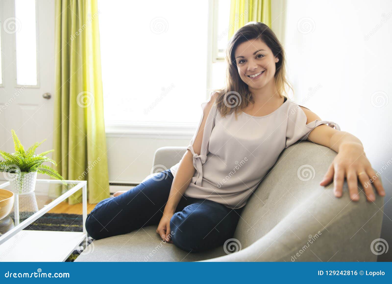 Nice Women Sit on the Sofa at Home Stock Photo - Image of living, human ...
