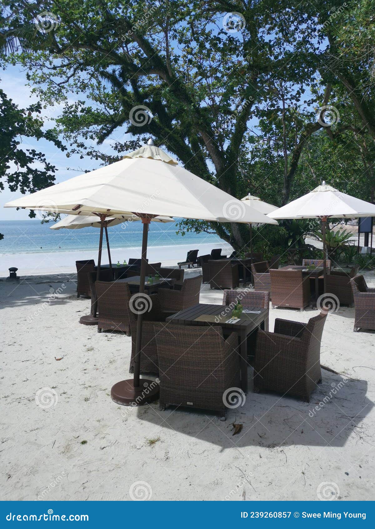 Nice Wooden Dining Table at Beachfront Stock Image - Image of resort ...