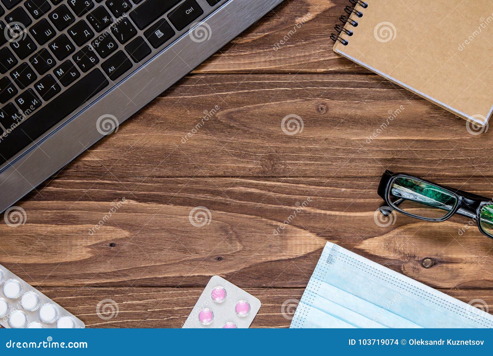 Nice Wooden Table with Office Objects on. Free Space on the Center ...