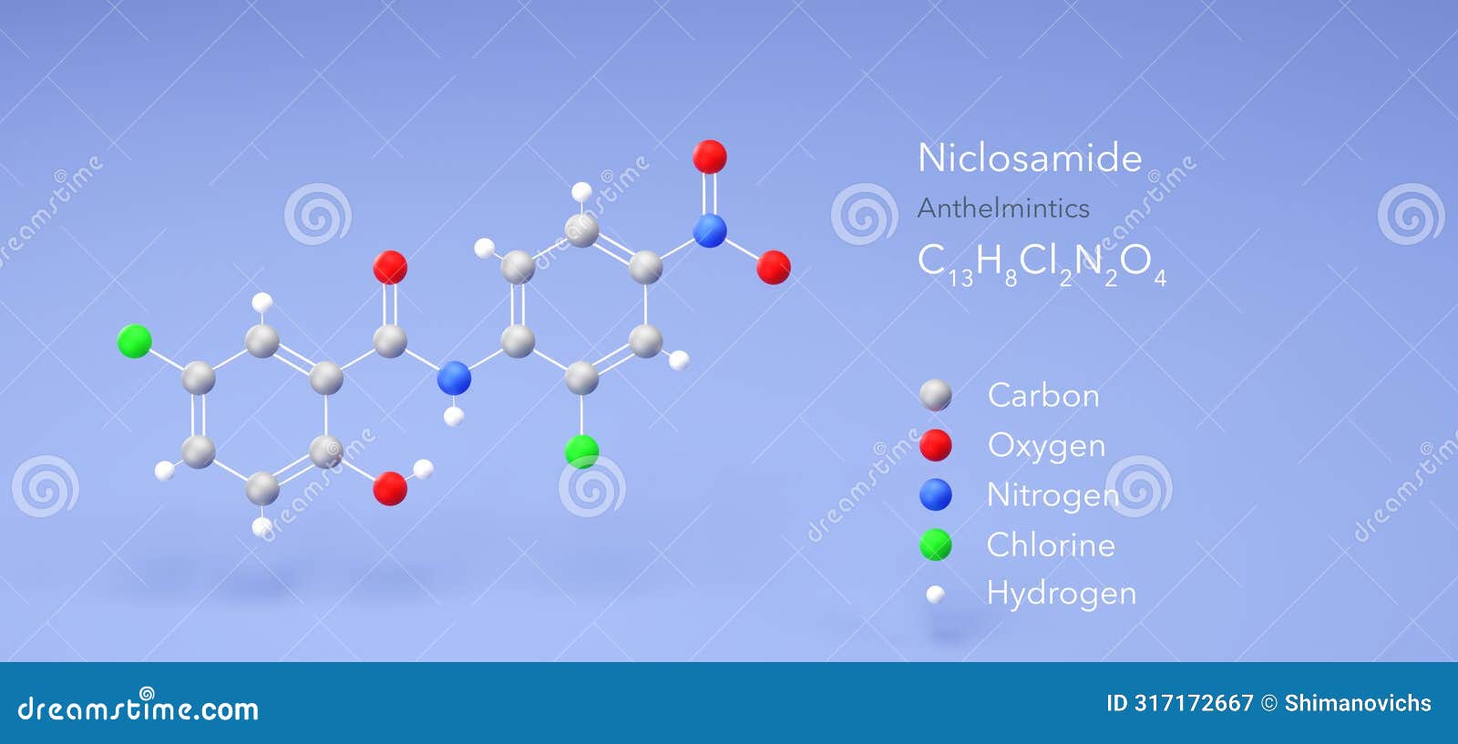Niclosamide Molecular Structure, Anthelmintic, Ball And Stick 3d Model ...
