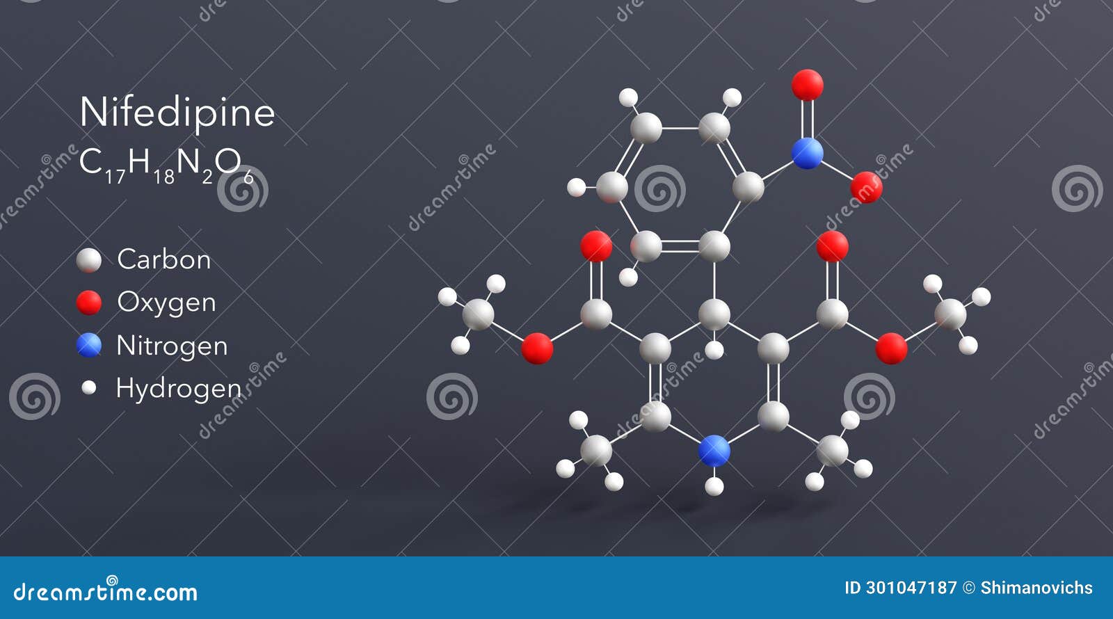 Nifedipine Molecule 3d Rendering, Flat Molecular Structure with ...